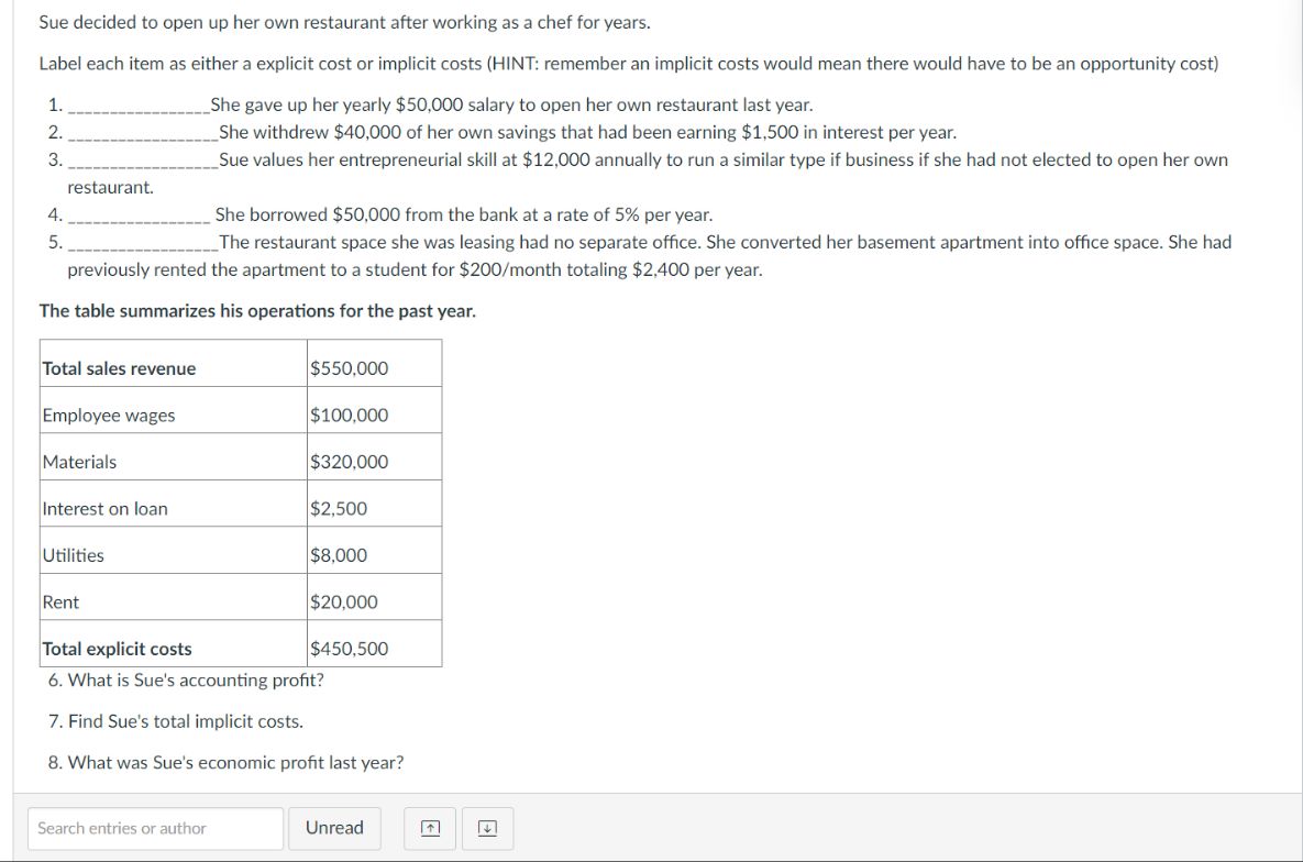 Solved Sue decided to open up her own restaurant after | Chegg.com