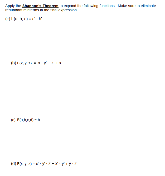 Solved Apply the Shannon's Theorem to expand the following | Chegg.com