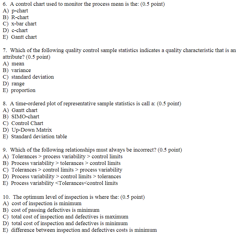 Solved 6. A control chart used to monitor the process mean | Chegg.com