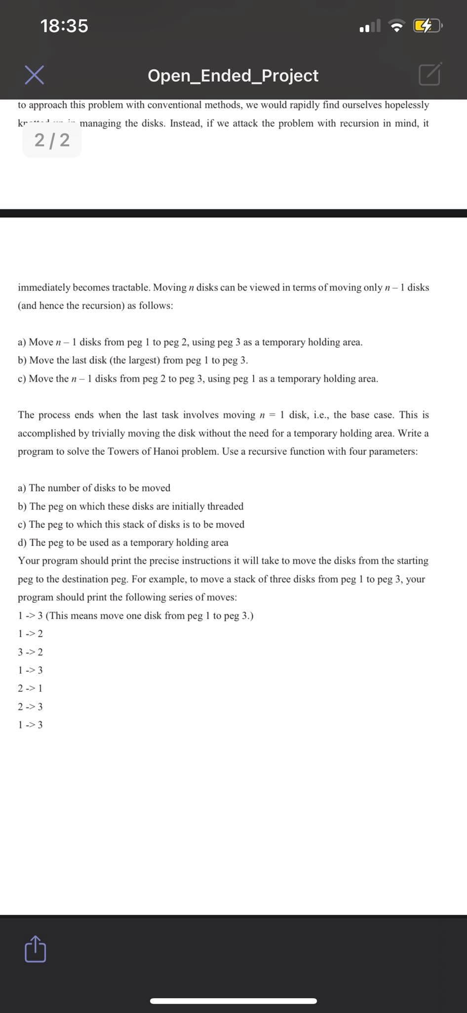 Solved 18:35 ( - Open_Ended_Project Project Towers of Hanoi: | Chegg.com