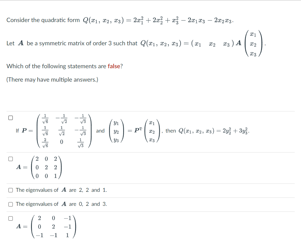 Solved Consider the quadratic form | Chegg.com