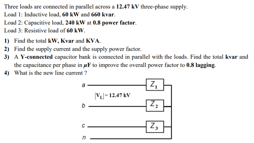 Solved Three loads are connected in parallel across a 12.47 | Chegg.com