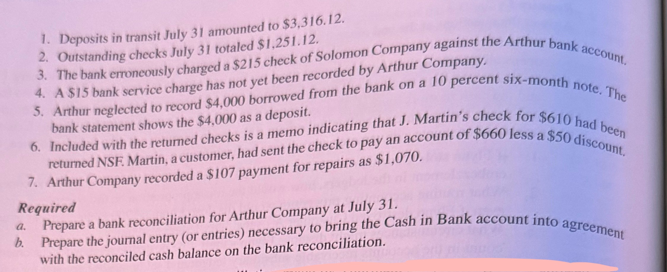 Solved 1. Deposits in transit July 31 amounted to $3,316.12. | Chegg.com