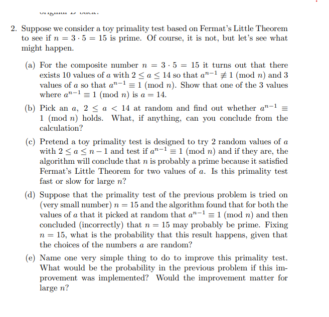 Solved Suppose We Consider A Toy Primality Test Based On 