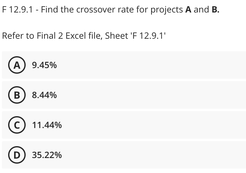 Solved F 12.9.1 - Find the crossover rate for projects A and | Chegg.com