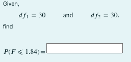Solved Given, df1=30 and df2=30. find P(F⩽1.84)= | Chegg.com