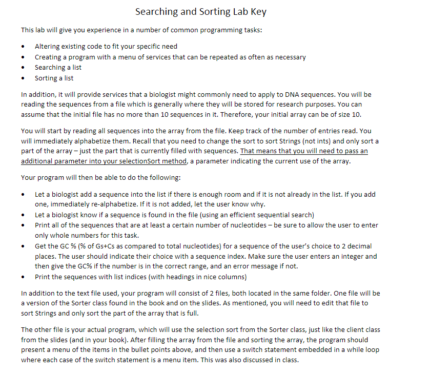Searching and Sorting Lab Key This lab will give you | Chegg.com