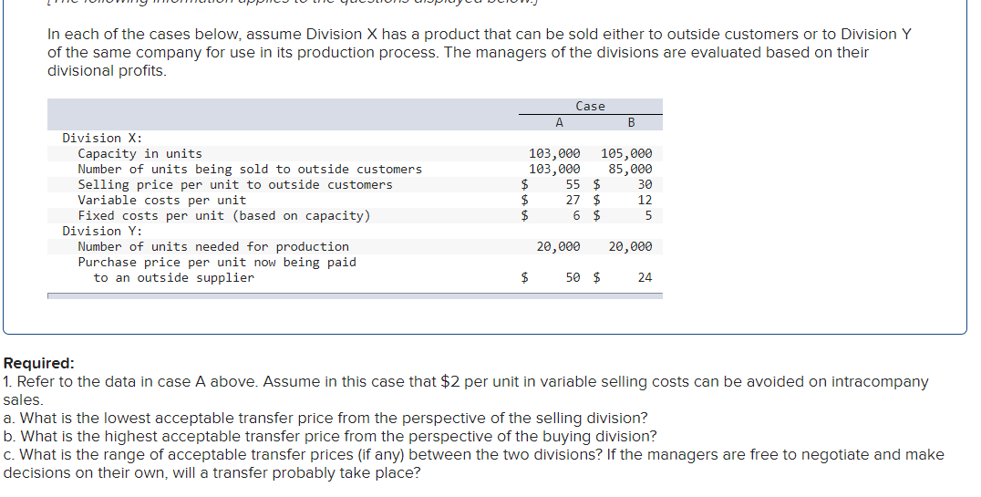 Solved In each of the cases below, assume Division X has a | Chegg.com