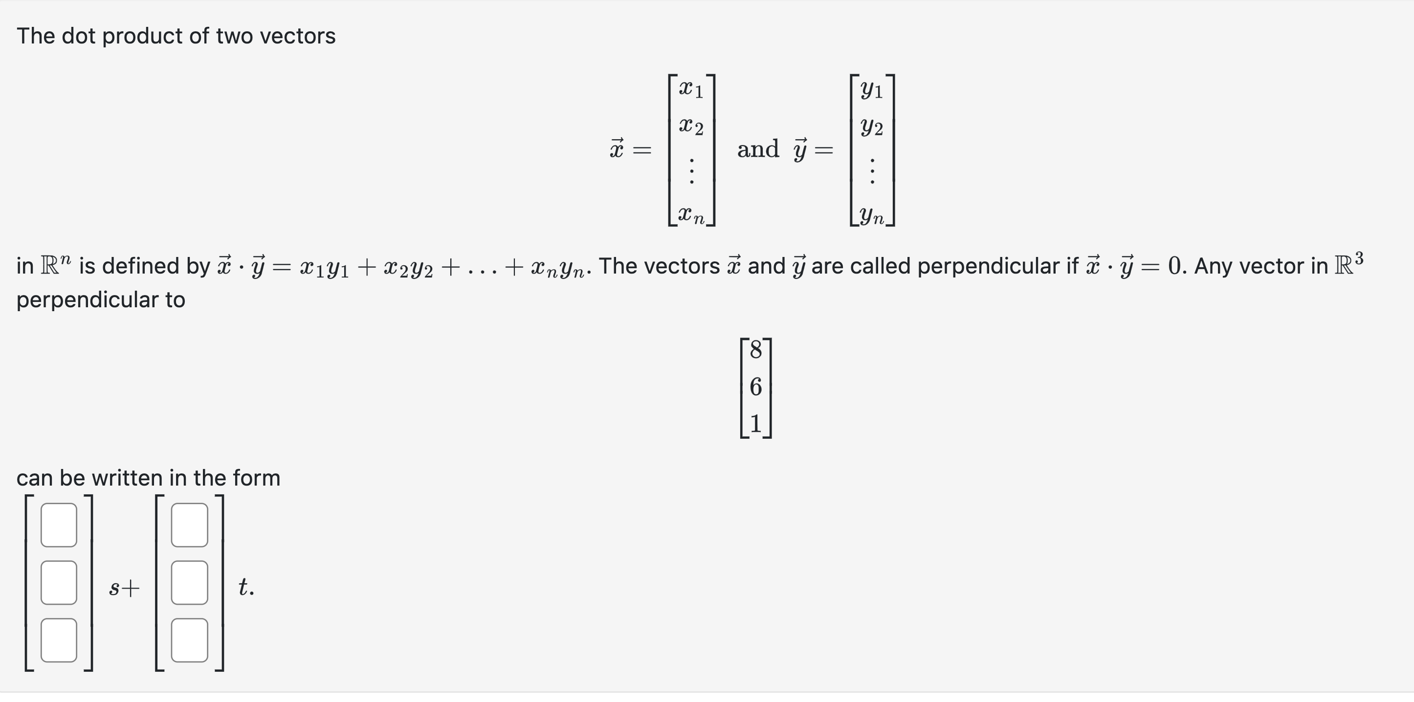 Solved The dot product of two vectors x=⎣⎡x1x2⋮xn⎦⎤ and | Chegg.com
