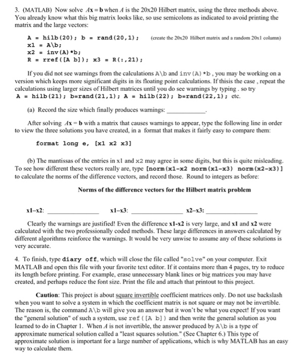 Solved Matlab Project Using Backslash To Solve Ax B Name 