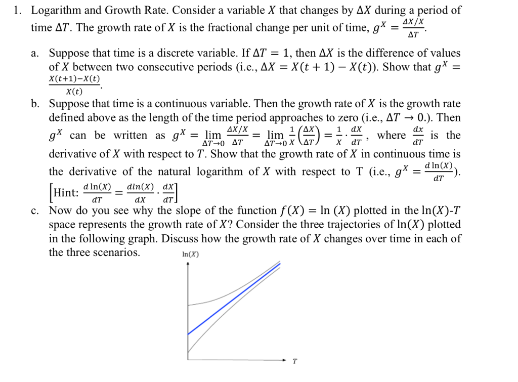 Solved 1. Logarithm and Growth Rate. Consider a variable X | Chegg.com