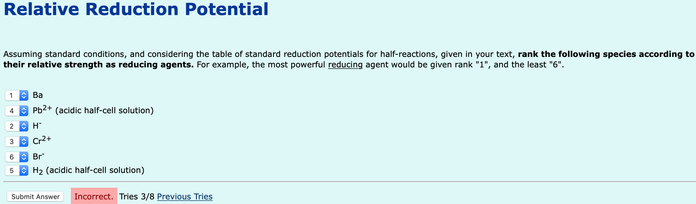 Solved Relative Reduction Potential Assuming standard | Chegg.com