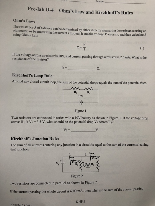 Solved Pre-lab D-4 Ohm's Law and Kirchhoff's Rules Ohm's | Chegg.com
