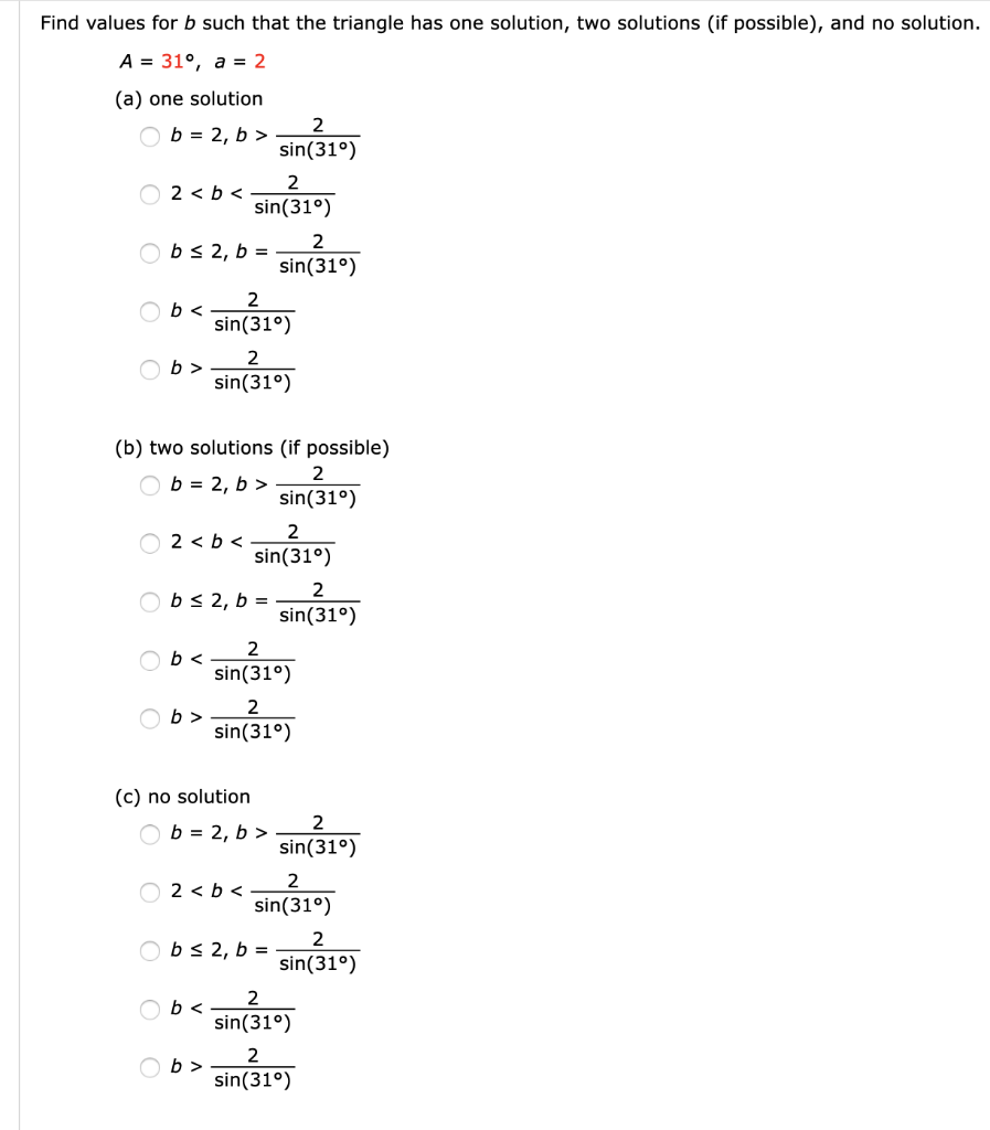 Solved Find values for b such that the triangle has one | Chegg.com