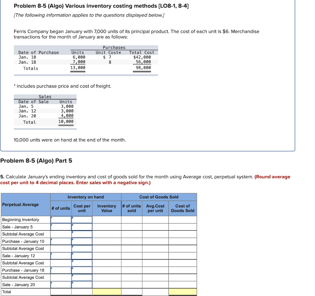 Solved Problem 8-5 (Algo) Various inventory costing methods | Chegg.com