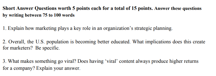 Solved Short Answer Questions worth 5 points each for a | Chegg.com