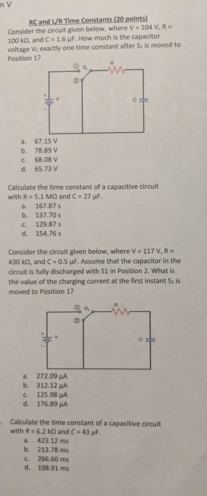 Solved mv RC and L/R Time Constants (20 points) Consider the | Chegg.com