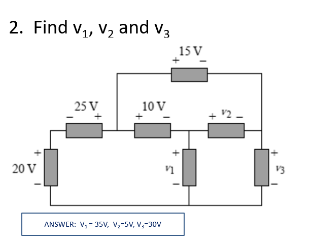 Solved 2. Find v1,v2 and v3 ANSWER: V1=35 V, V2=5 V, V3=30 V | Chegg.com