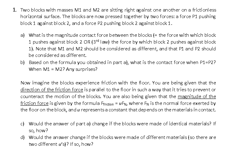 Solved 1. Two blocks with masses M1 and M2 are sitting right | Chegg.com