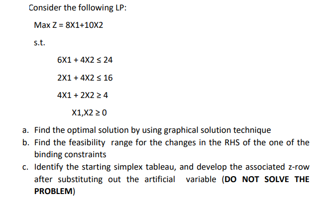 Solved Consider the following LP: Max Z = 8X1+10X2 s.t. 6X1 | Chegg.com
