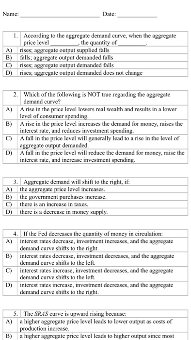Solved Name: Date: 1. According to the aggregate demand | Chegg.com