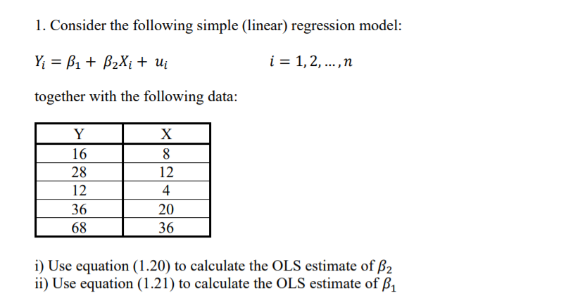 Solved 1. Consider the following simple (linear) regression | Chegg.com