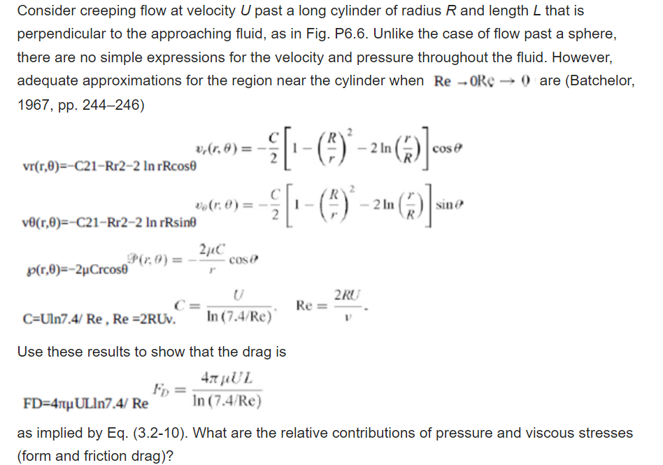 Consider creeping flow at velocity U past a long | Chegg.com