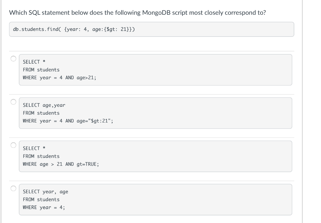 Solved Which SQL statement below does the following MongoDB | Chegg.com