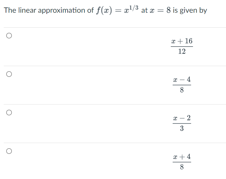 Solved The linear approximation of f(x)=x1/3 at x=8 is given | Chegg.com
