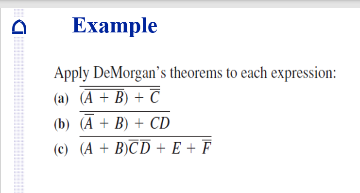 Solved Apply DeMorgan's theorems to each expression: (a) | Chegg.com