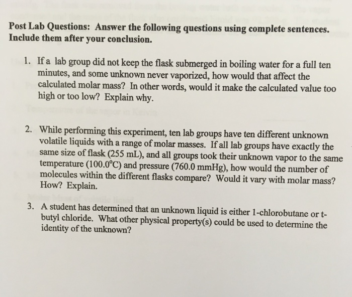 Solved Experiment 7 - Molar Mass of a Volatile Liquid | Chegg.com