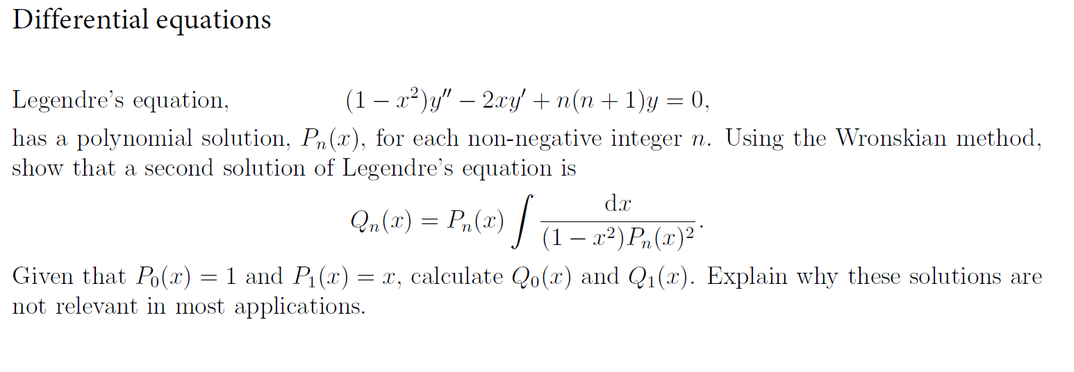 Solved Differential equations Legendre's equation, (1 – 2 g” | Chegg.com