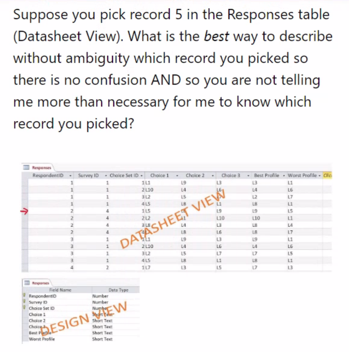 Solved Suppose you pick record 5 in the Responses table | Chegg.com