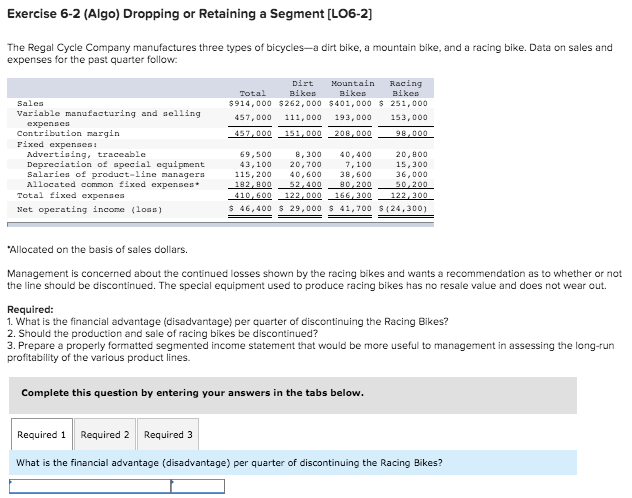 Solved Exercise 6-2 (Algo) Dropping or Retaining a Segment | Chegg.com