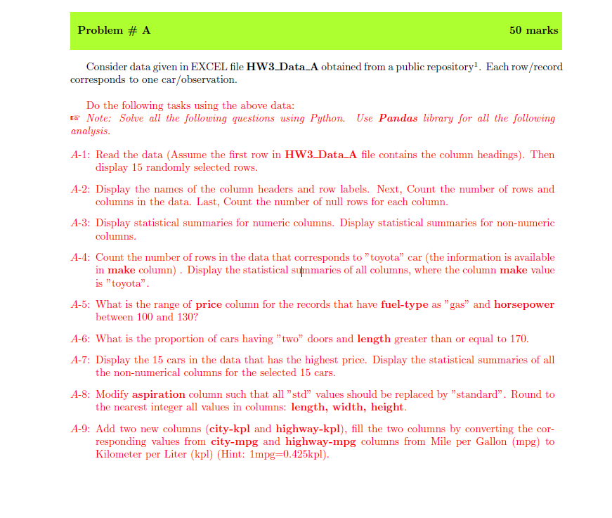 Problem A 50 Marks Consider Data Given In Excel File 3652