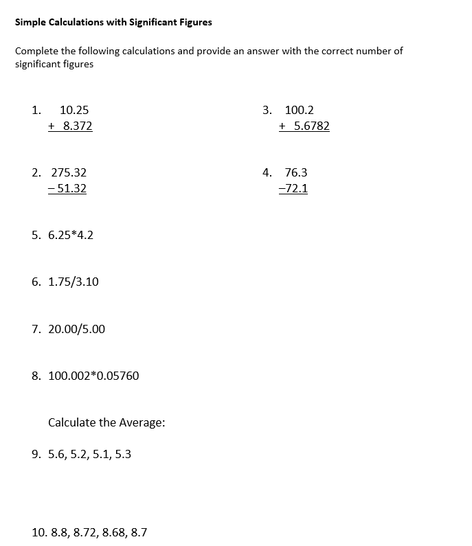 Solved Simple Calculations with Significant Figures Complete | Chegg.com