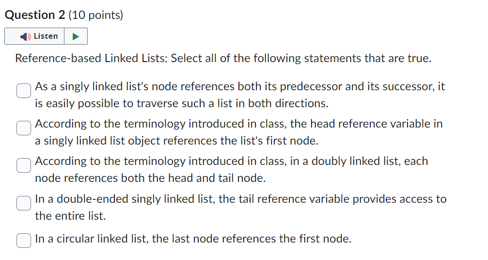 Solved Reference-based Linked Lists: Select all of the | Chegg.com