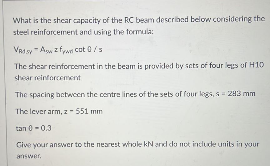 Solved What is the shear capacity of the RC beam described | Chegg.com