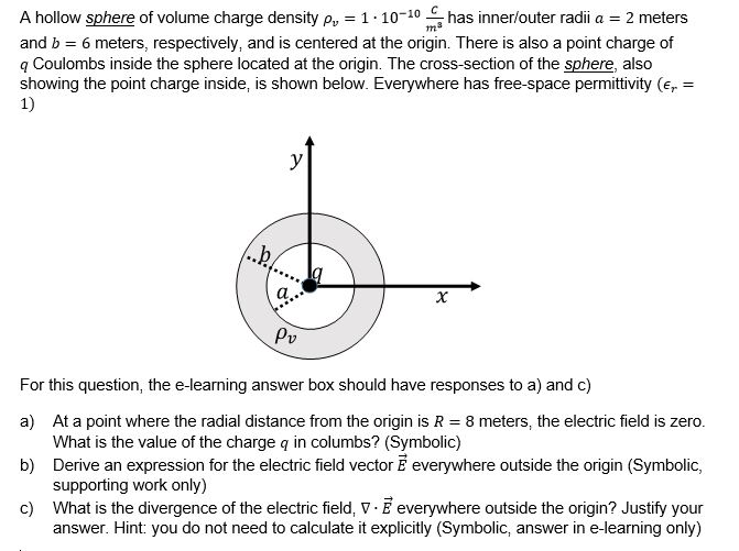 Solved A hollow sphere of volume charge density Py = 1.10-10 | Chegg.com