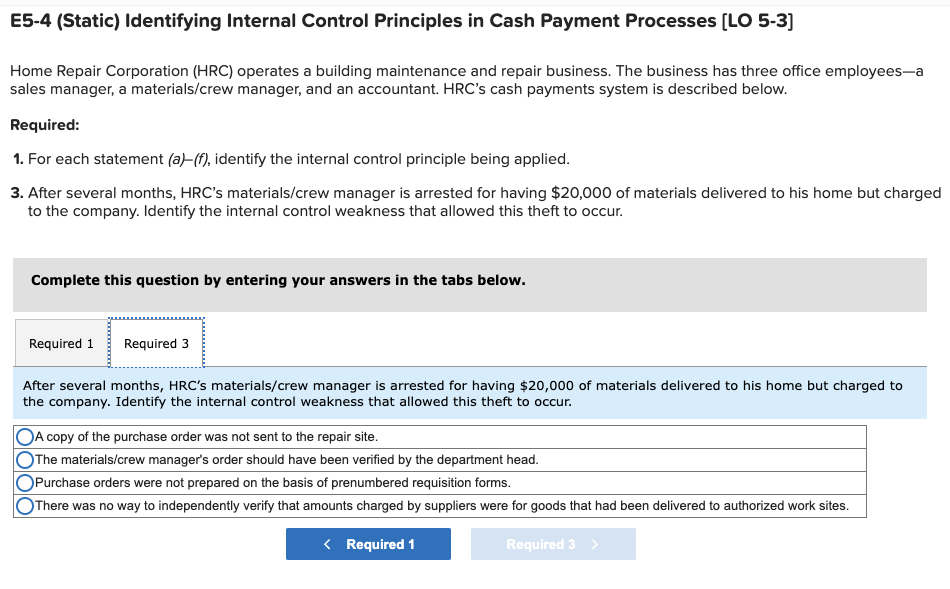 E5-4 (Static) Identifying Internal Control Principles | Chegg.com