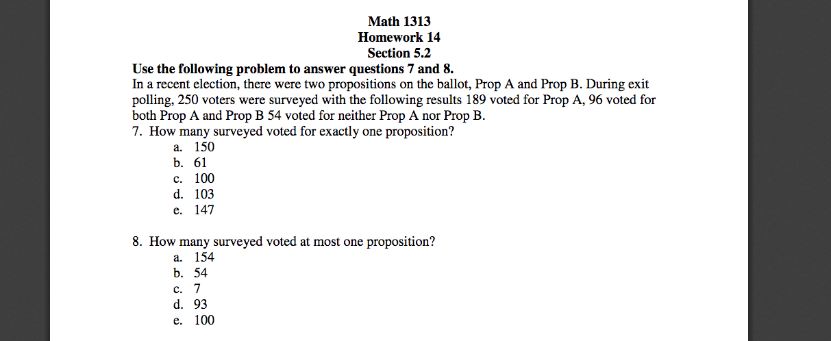 Solved Math 1313 Homework 14 Section 5.2 Use the following | Chegg.com