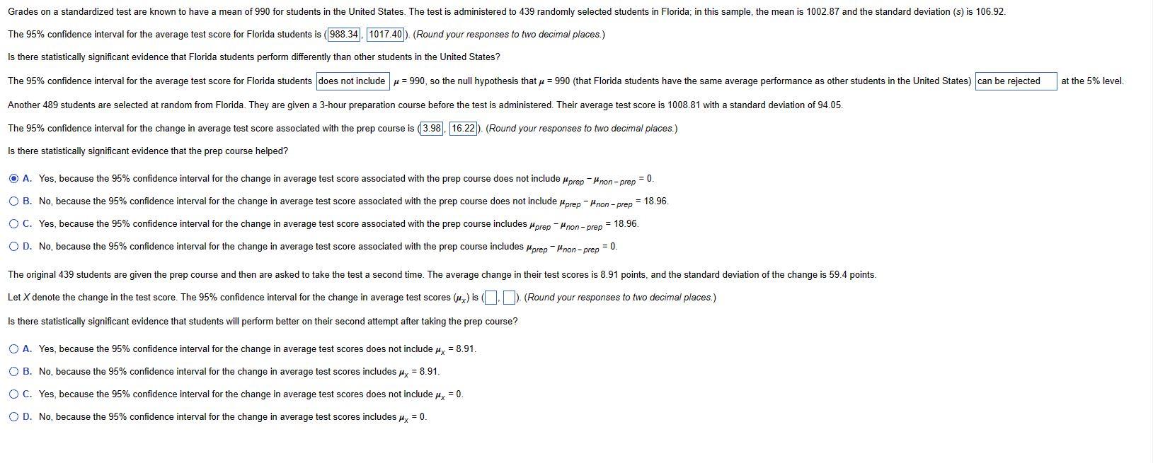 Solved The 95% confidence interval for the average test | Chegg.com