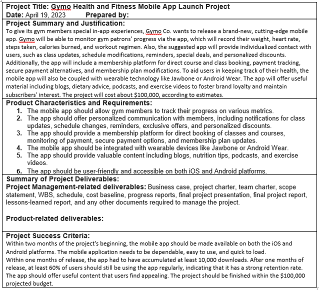 Solved depending on the case study and the project charter | Chegg.com
