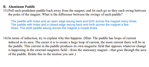 Solved B. Aluminum Paddle 13) Pull each pendulum paddle back | Chegg.com