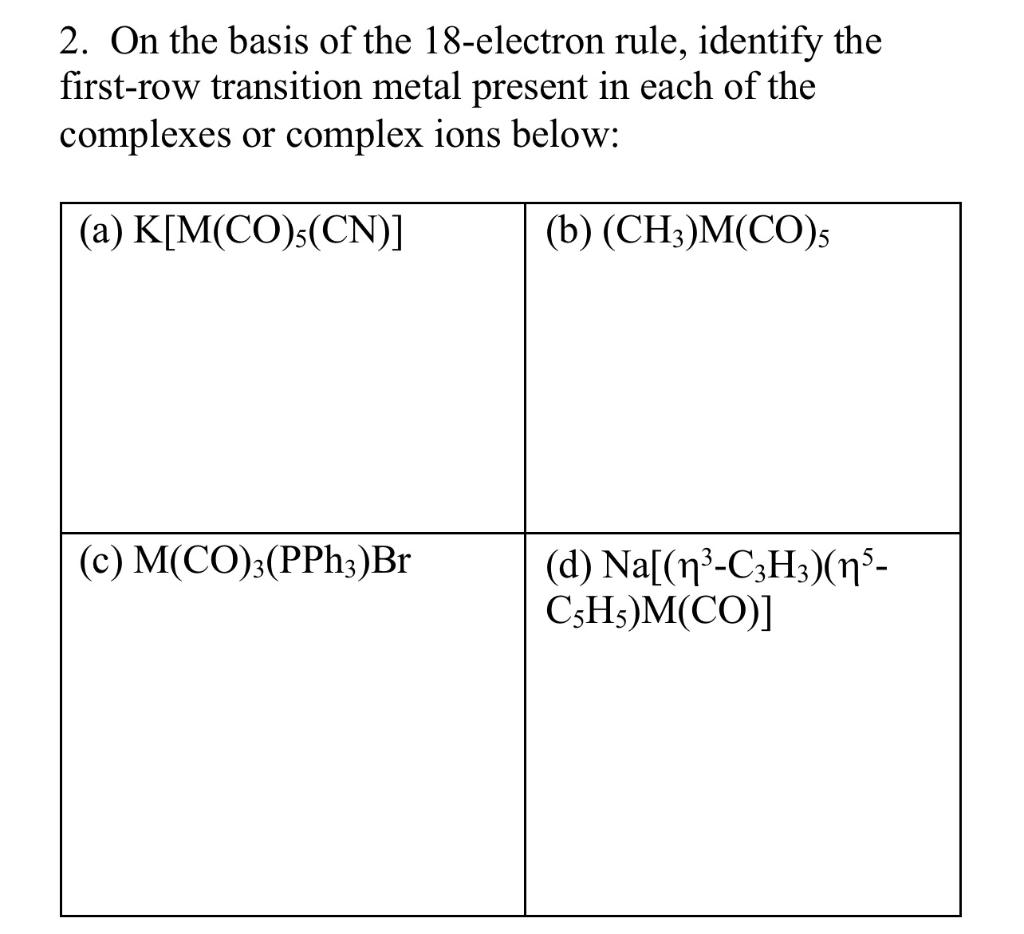 Solved 2. On the basis of the 18 -electron rule, identify | Chegg.com
