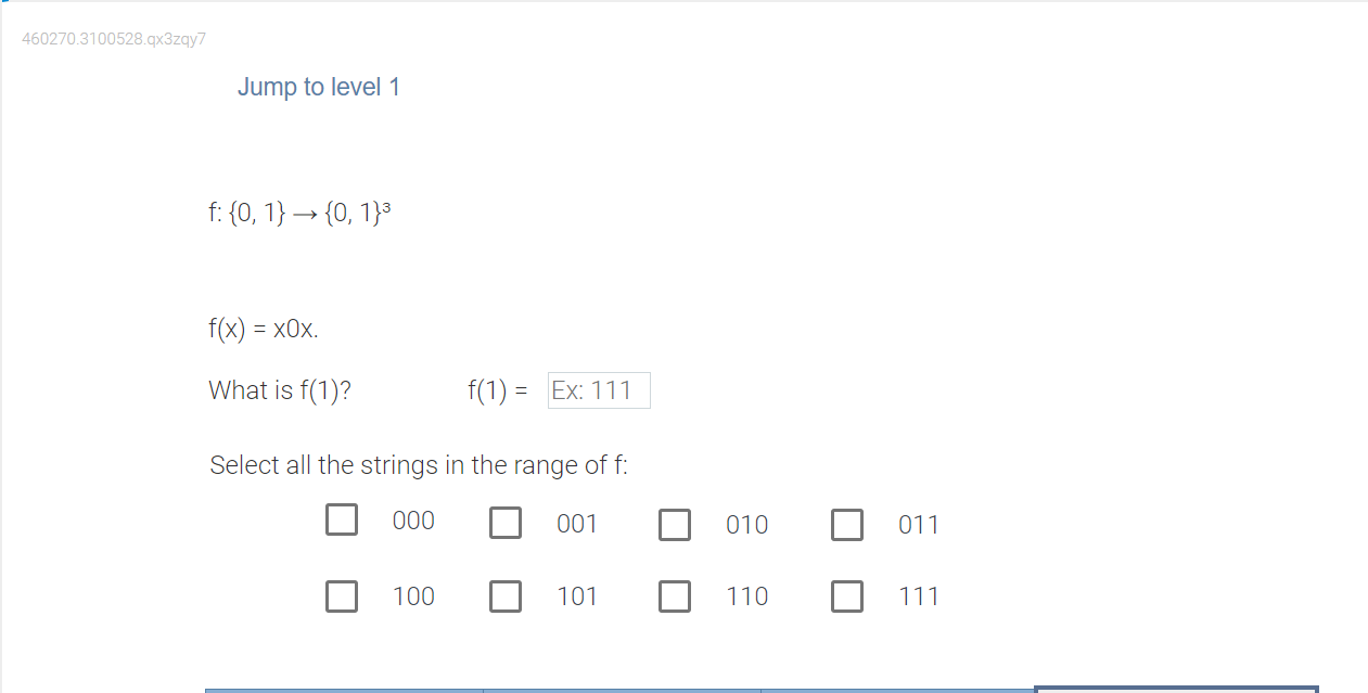 Solved Jump to level 1 f:{0,1}→{0,1}3 f(x)=x0x What is f(1) | Chegg.com