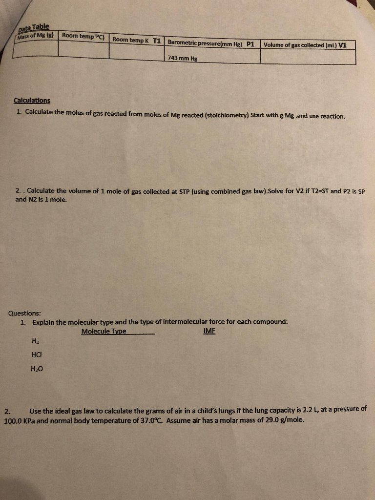 Name: Lab: Molar Volume CHE 121 Both solids and gases | Chegg.com