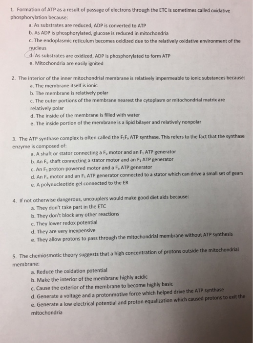 Solved 1. Formation of ATP as a result of passage of | Chegg.com