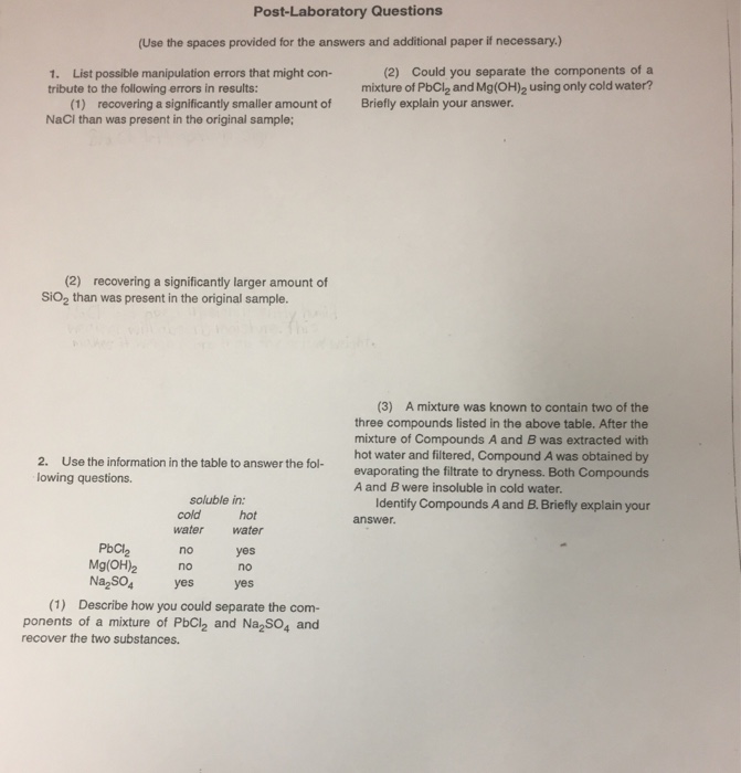 Solved Post-Laboratory Questions (Use the spaces provided | Chegg.com