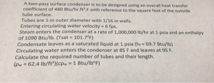 Solved A two-pass surface condenser is to be designed using | Chegg.com